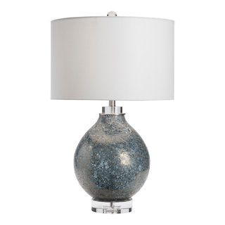 31"H Blue Glass Table Lamps With White Drum Shade - Transitional ...