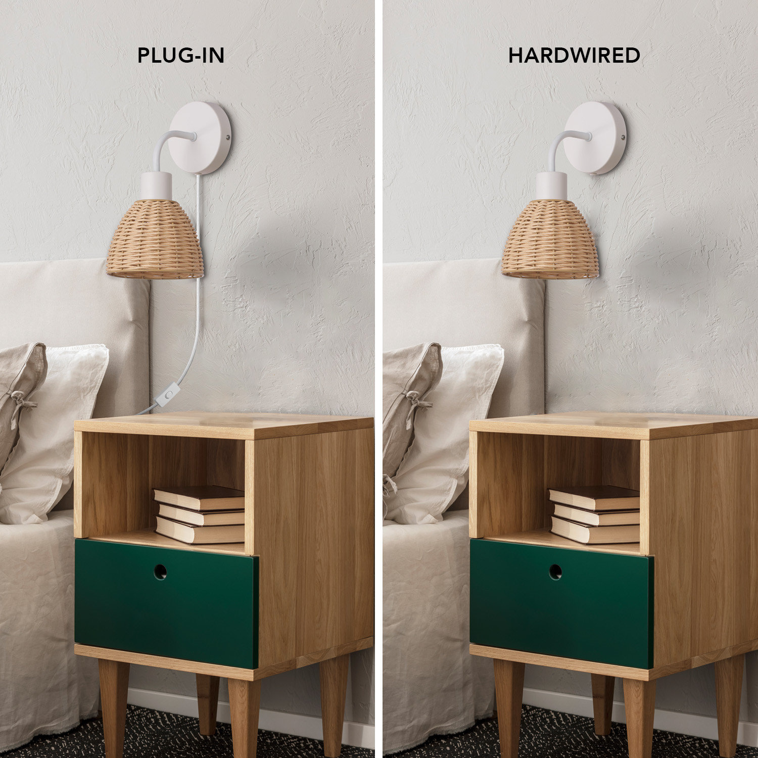 Briar 1-Light Matte White Plug-In or Hardwire Wall Sconce with Rattan ...