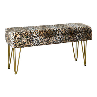 Leopard Faux Fur Bench With Gold Legs, 46''x16''x22'' - Midcentury ...
