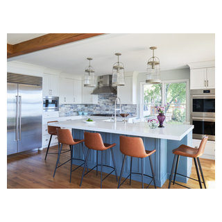 Blue Kitchen Island with Leather Bar Stools - Transitional - Kitchen ...