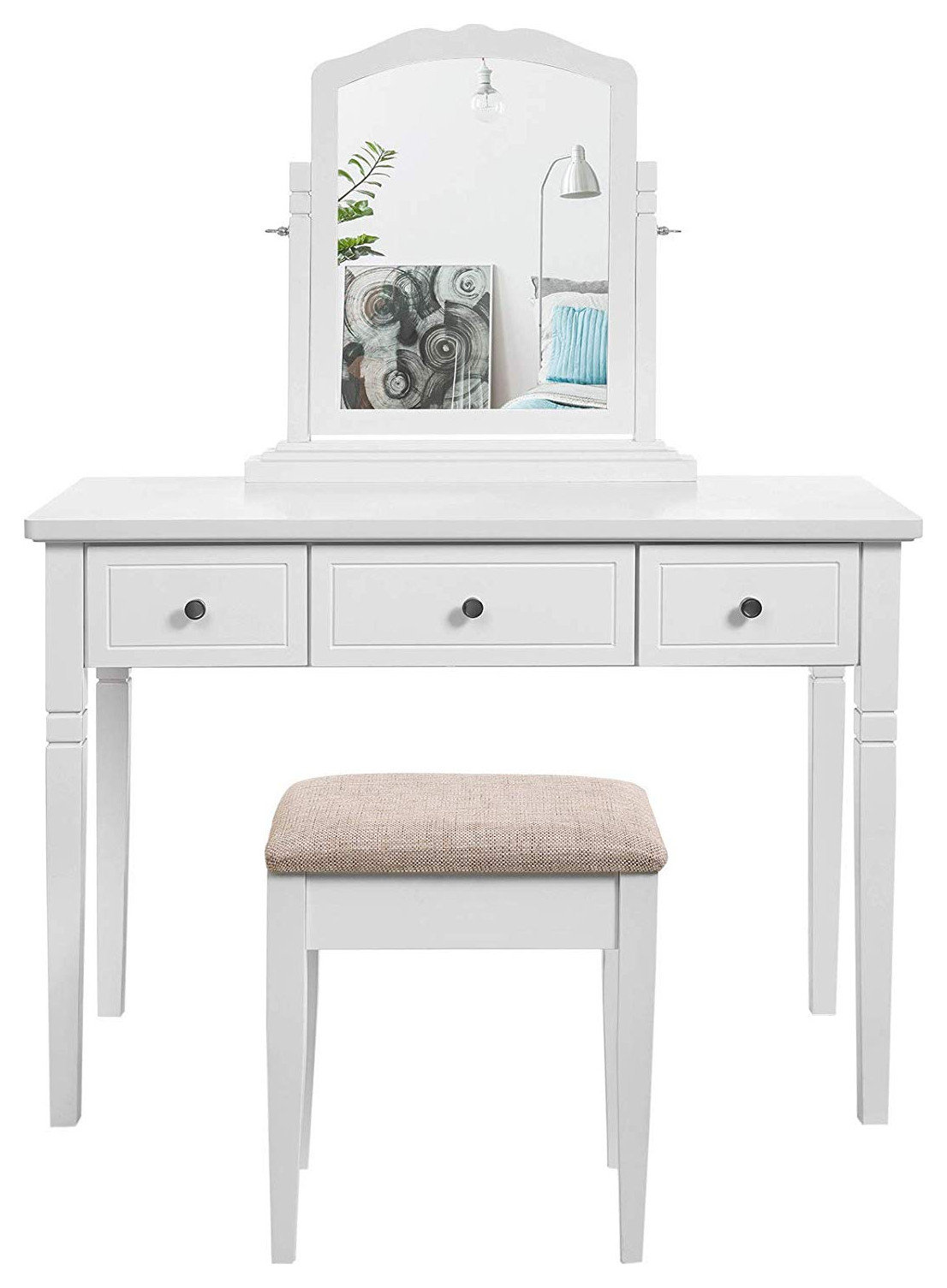 Benzara Wooden Vanity Set with 3 Drawers and Adjustable Mirror, White ...