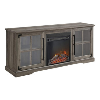 Rustic Farmhouse TV Stand, Fireplace & Cabinets With Glass Doors ...
