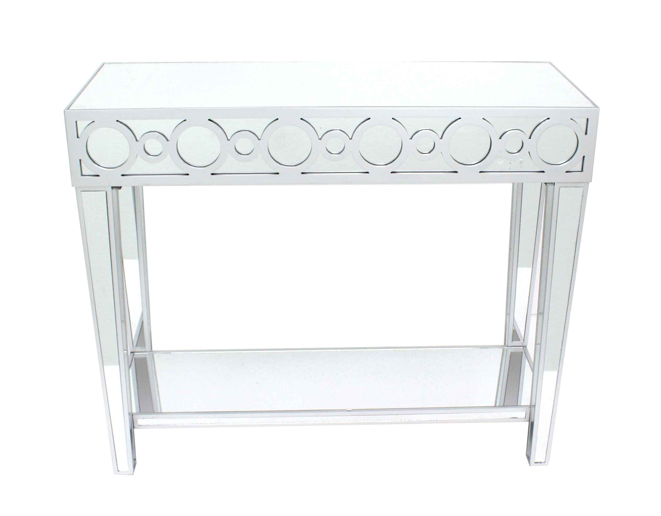 Benzara Metal Console Table with Mirrored Top and Circular Overlays ...