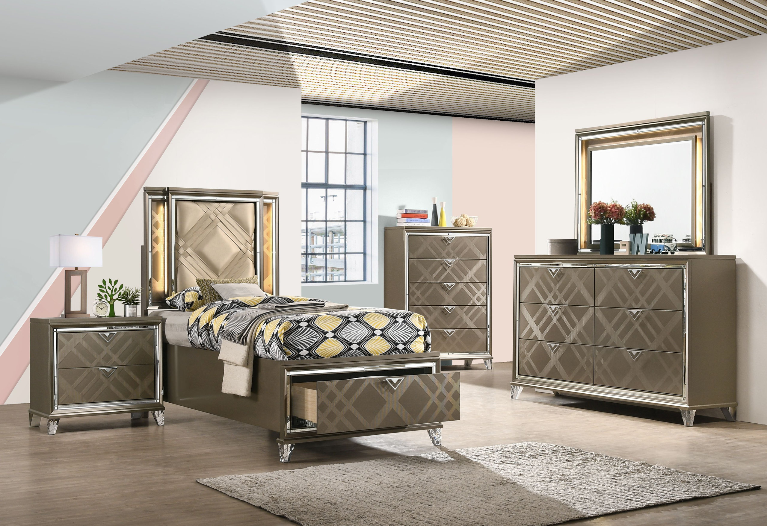 ACME Skylar Full Bed With Storage, LED, PU and Dark Champagne ...