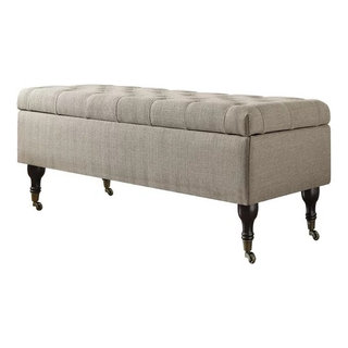 Tufted Storage Bench in French Linen with Ornate Wood Legs and Wheels ...
