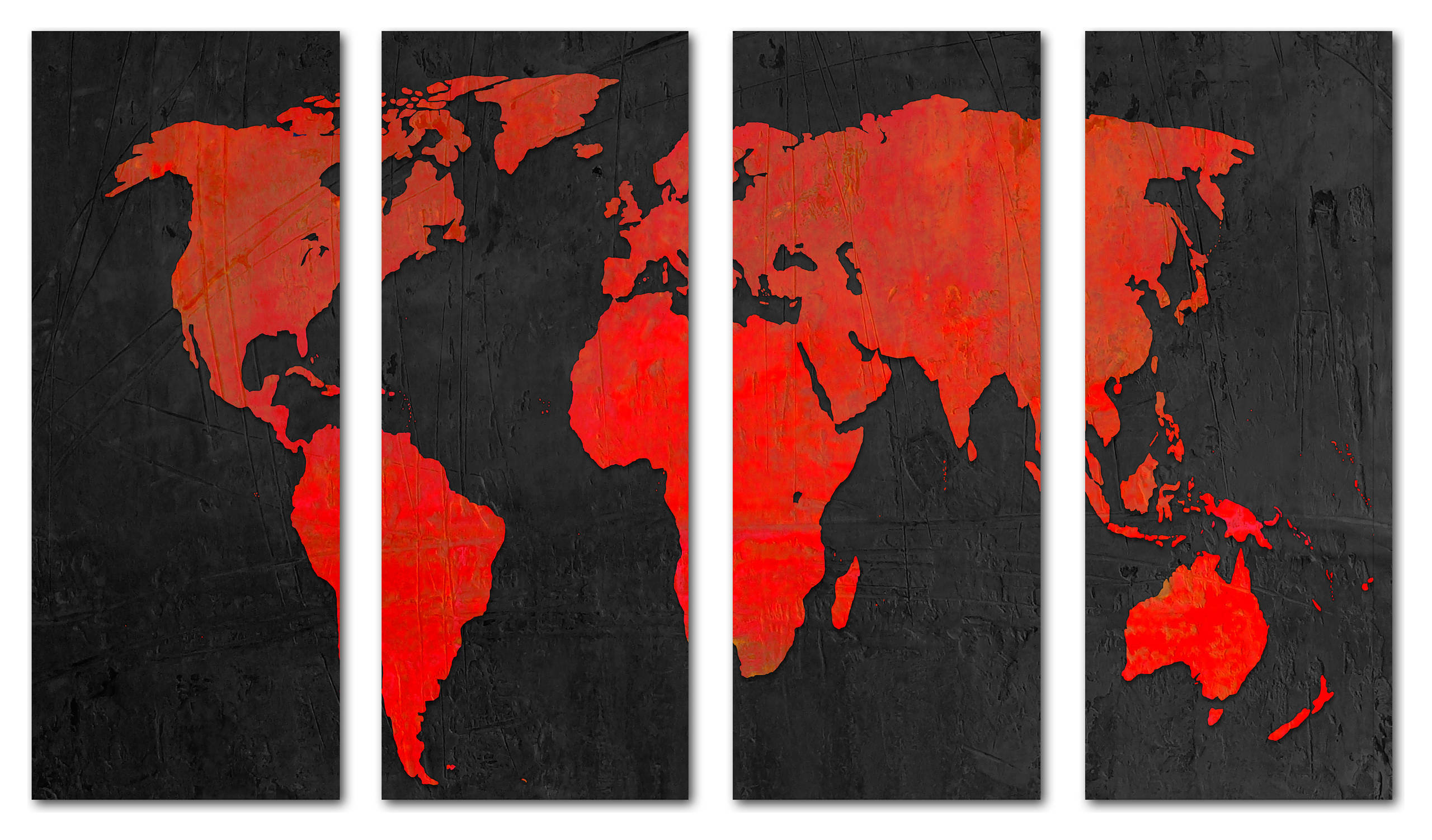Matte Black And Red World Map Canvas Print, 4 Panel Split Wall Art ...