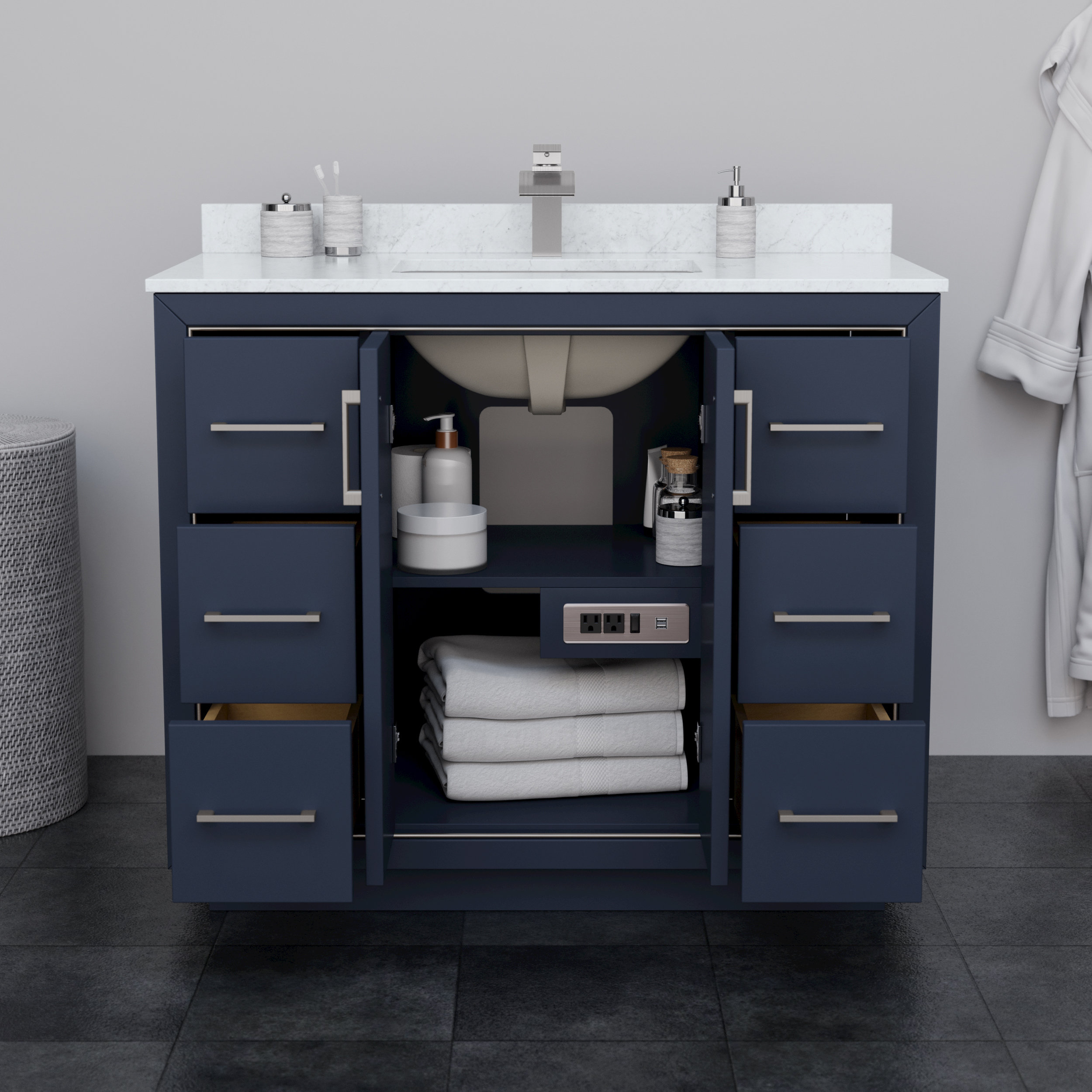 Icon 42" Single Vanity, Dark Blue, Top, Square Brushed Nickel Trim, 34 ...