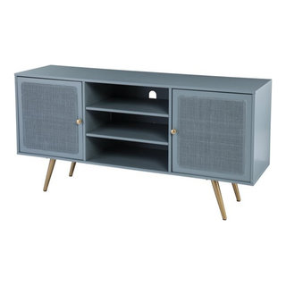Blue TV Stand with Angled Gold Legs and Rattan Front Doors for TVs up ...