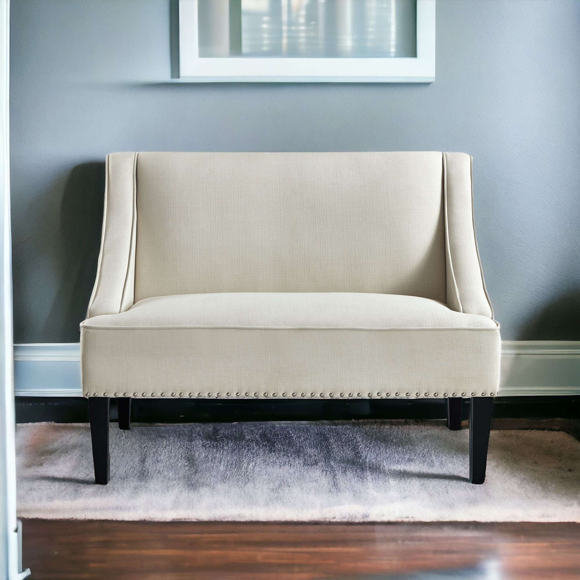 45" Cream And Black Upholstered Linen Bench - Transitional ...