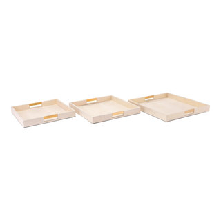 Modern Boxe Tray Decor, Set of 3, Cream, Faux Leather Stainless Steel ...