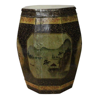 Chinese Village Vintage Wood Octagon Brown Scenery Box Display Hcs3632 ...