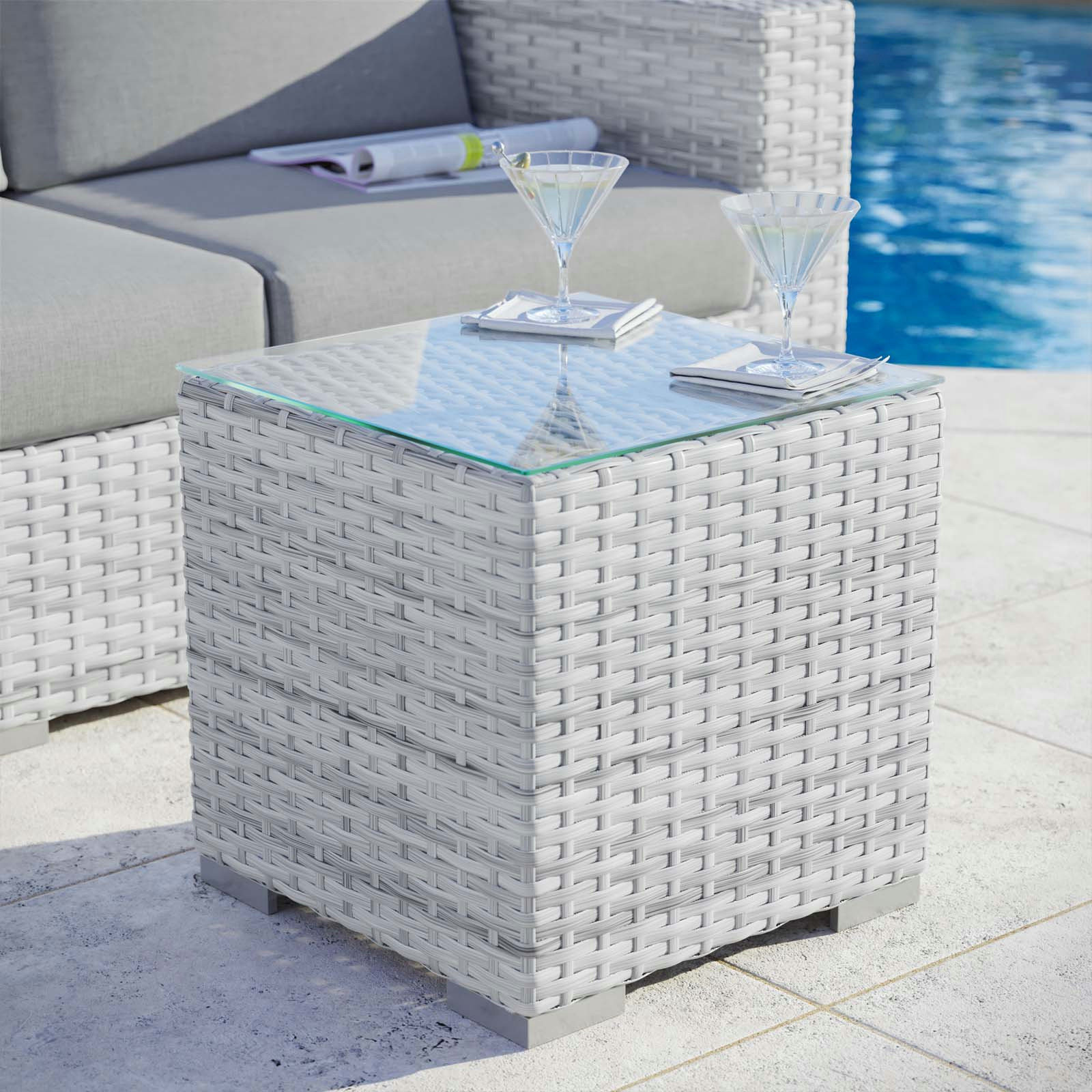 Lounge Side Table, Square, Rattan, Wicker, Gray, Modern, Outdoor Patio ...