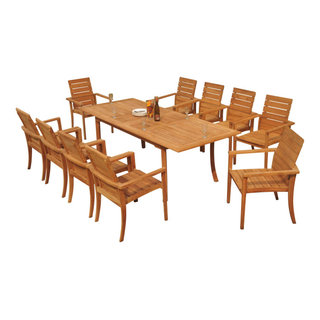 11-Piece Outdoor Teak Dining Set:94" Rectangle Table,10 Alps Stacking ...