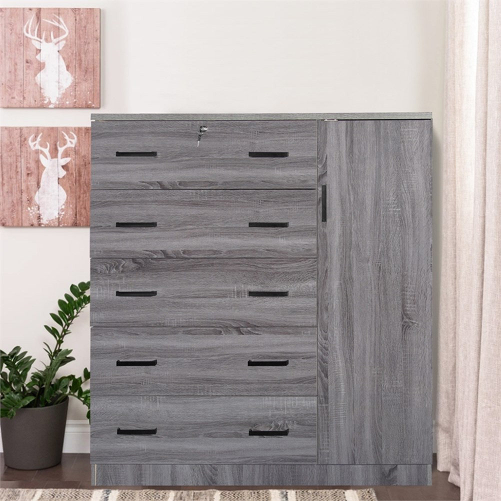 Pemberly Row 5 Drawer Wooden Tall Chest Wardrobe in Gray Finish ...