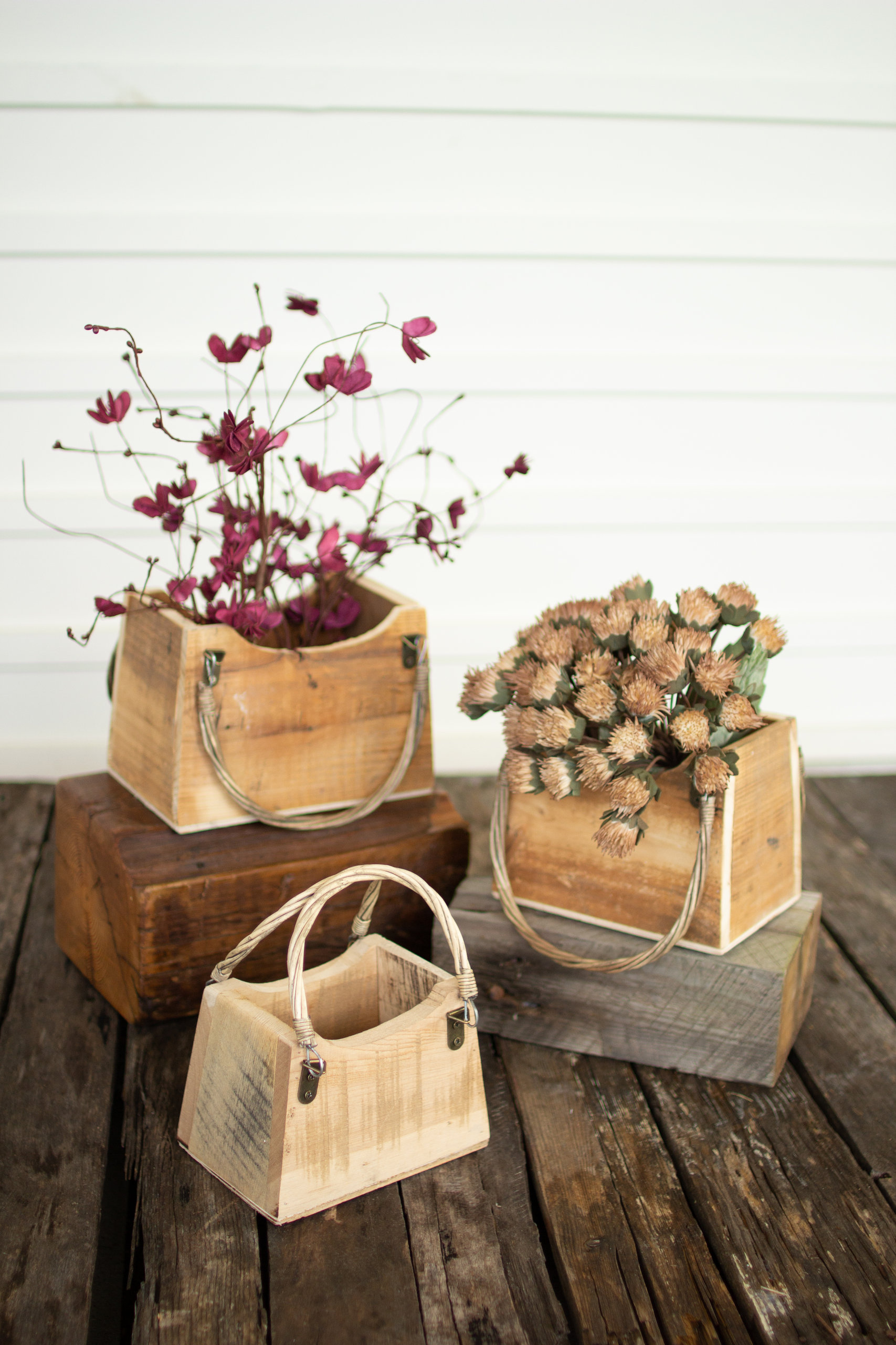 Rustic Recycled Wood Handbag Tote Planter 3-Piece Set Vintage Style ...