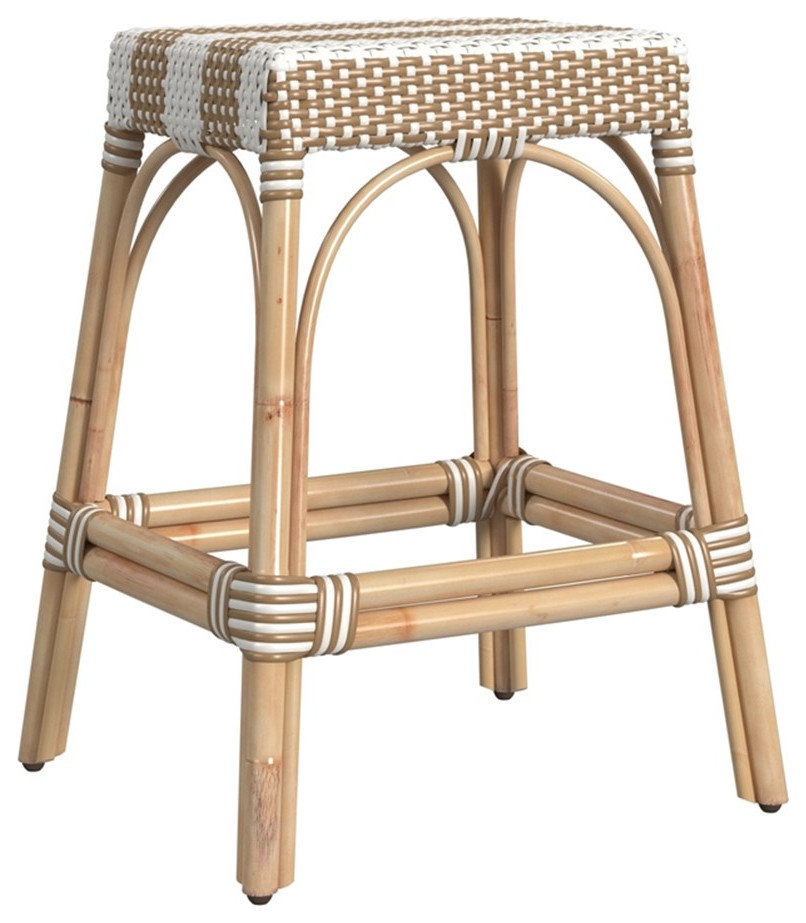 Home Square Rattan Counter Stool in Tan & White Stripe - Set of 2, 2 ...