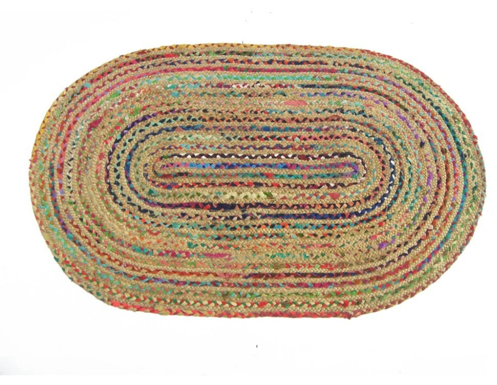 Jute and Recycle Cotton Cuttings Rainbow Chindi Rug, Nat-Multi ...