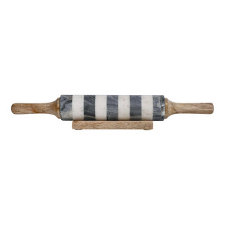 Striped Marble Rolling Pin with Wood Stand, Natural, Black, and White ...
