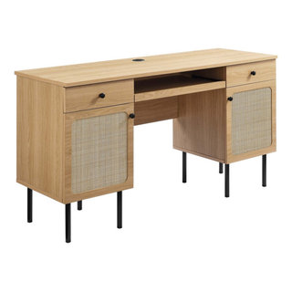 Cane Desk, Natural Oak Wood Rattan Office Desk, Wooden Home Office Desk ...
