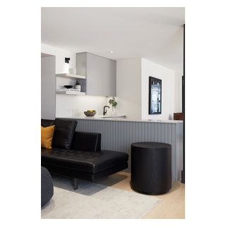 Modern Grey Basement Bar with Slatted Peninsula - Modern - Home Bar ...