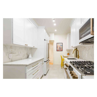 Transitional Galley Kitchen with White Appliances, Brass finish ...