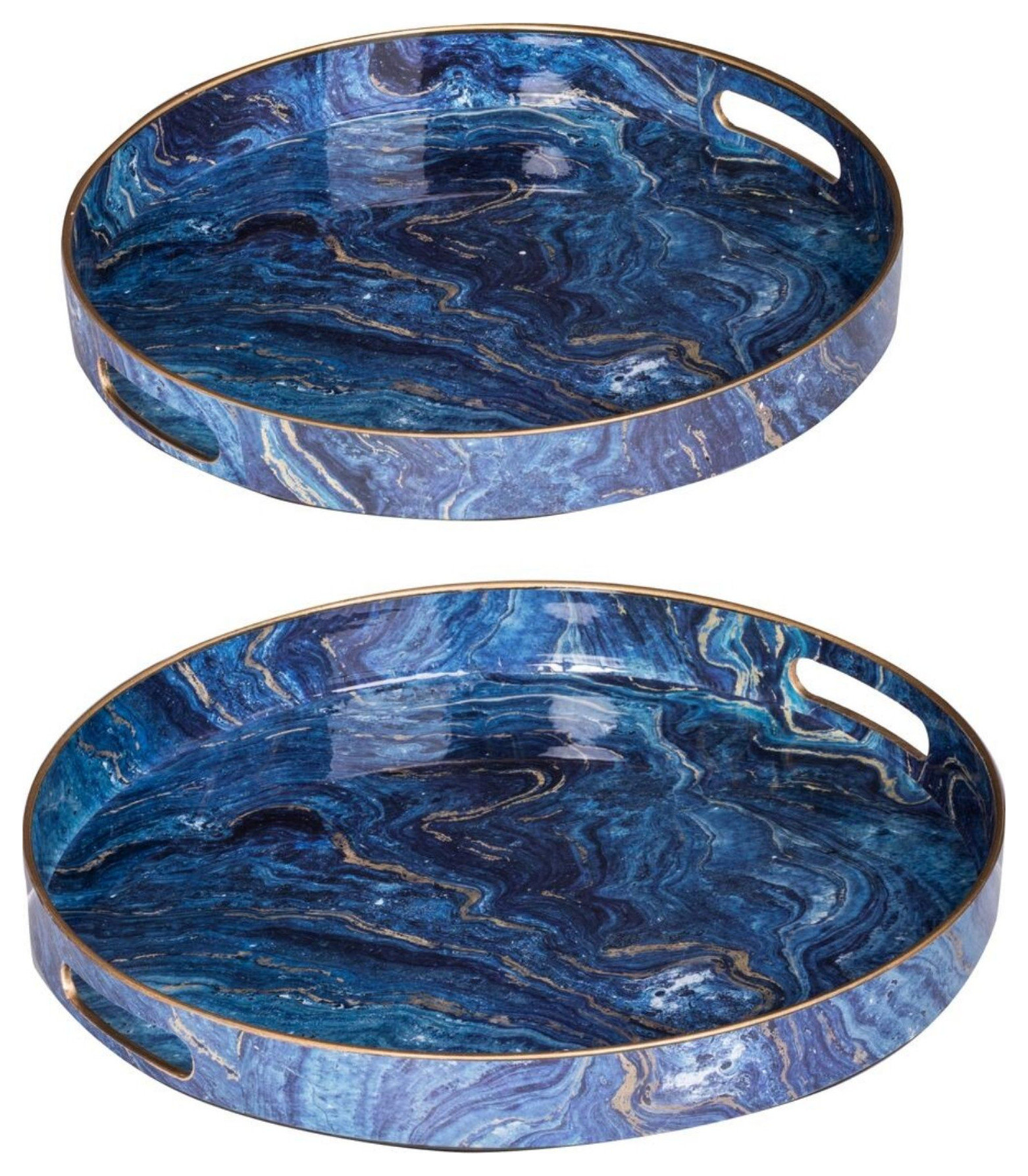 Set of 2 Blue and Bronze Modern Chic Round Trays 13.75" - Contemporary ...