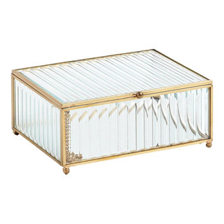 Luxe Vintage Style Ribbed Glass Decorative Box 7" Reeded Gold Edge ...