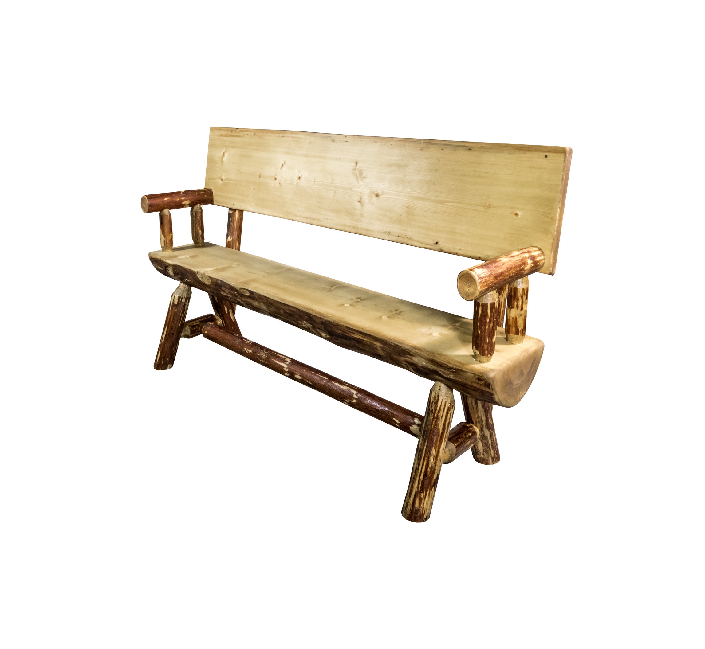 Glacier Country Half Log Bench with Back & Arms, Exterior Stain Finish ...