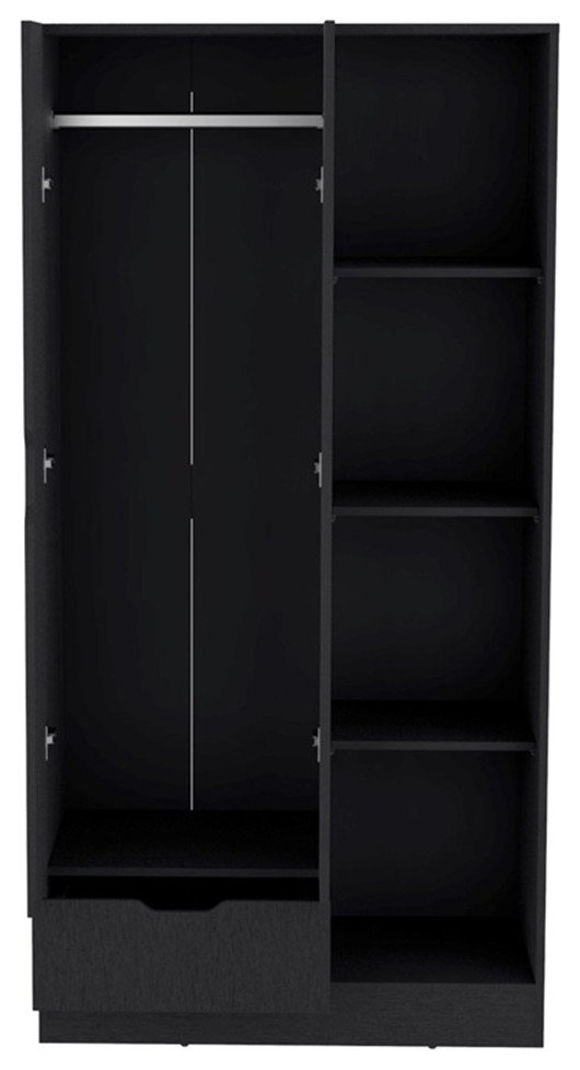 Pemberly Row Engineered Wood Armoire with 4-Tier Open Shelves in Black ...
