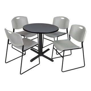 Cain 30 Round Breakroom Table- Grey & 4 Zeng Stack Chairs- Grey ...