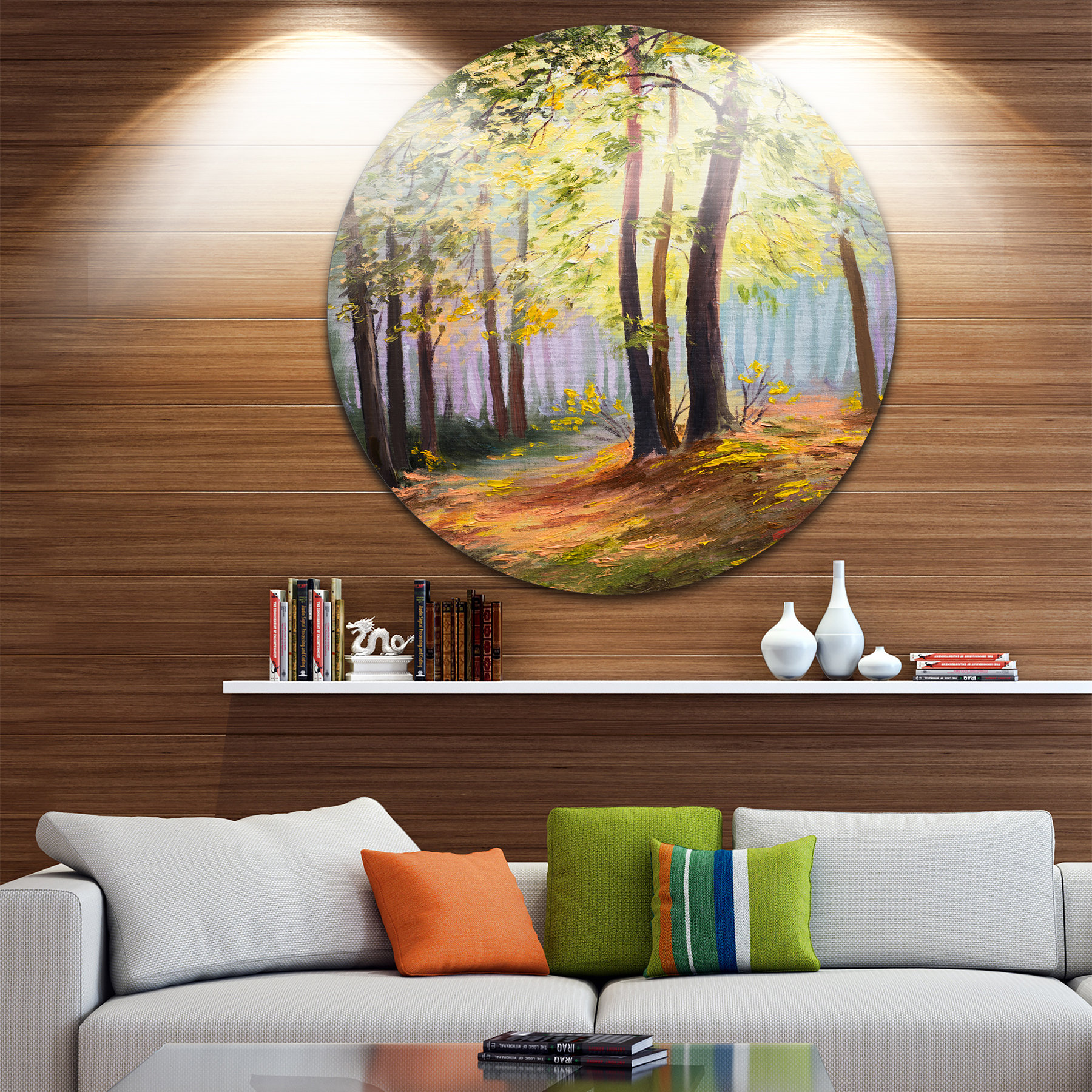 Spring Forest with Sunlight, Landscape Round Metal Wall Art, Disc of 23 ...