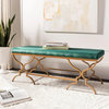 Glam Emerald Velvet Bench with Gold Geometric Base and Cushioned Seat ...
