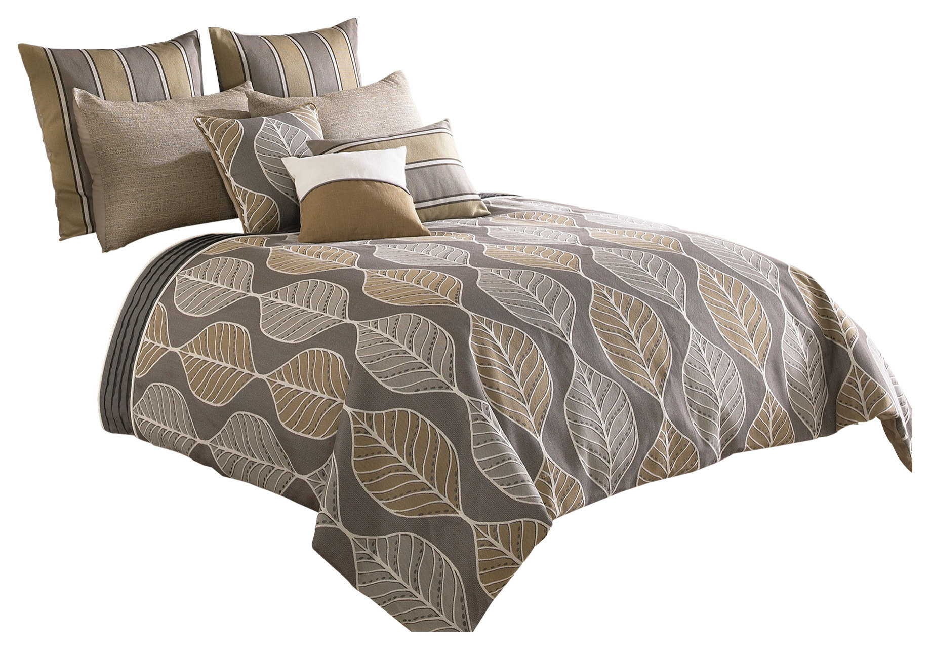 9 Piece Queen Polyester Comforter Set with Leaf Pattern Design ...