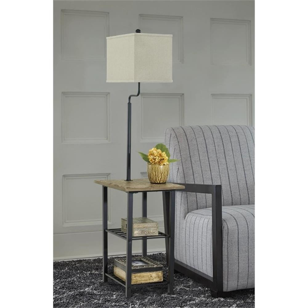 Ashley Furniture Shianne Metal and Wood Tray Floor Lamp w/Fabric Shade ...
