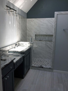 Bathroom Finishes - Navy Vanity, Granite, and Tile