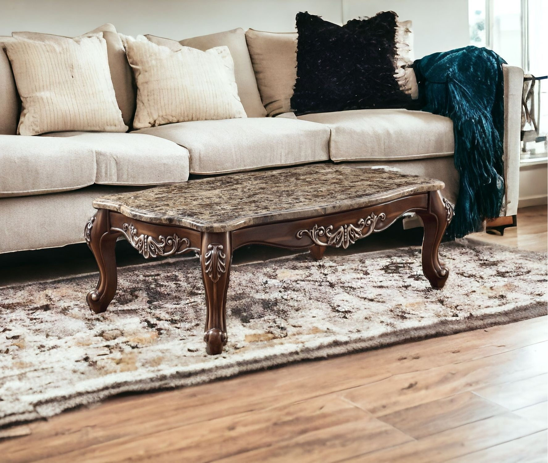 57" Brown And Oak Faux Marble And Solid And Manufactured Wood Coffee ...