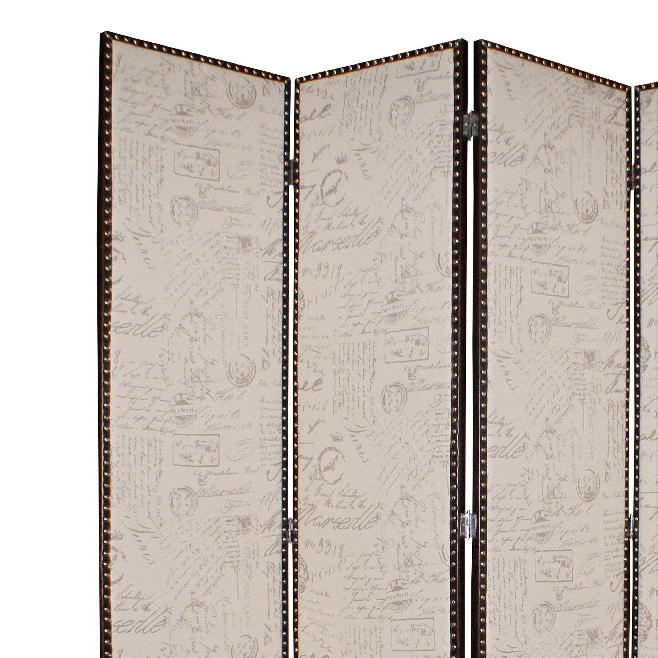 4 Panel Scripted Fabric Wooden Foldable Room Divider, Beige and Brown ...