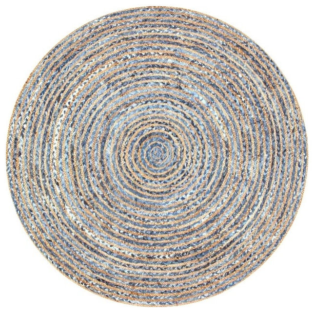 Handmade Round Boho Rug in Multicolor Cotton Denim and Natural Jute, 5 ...