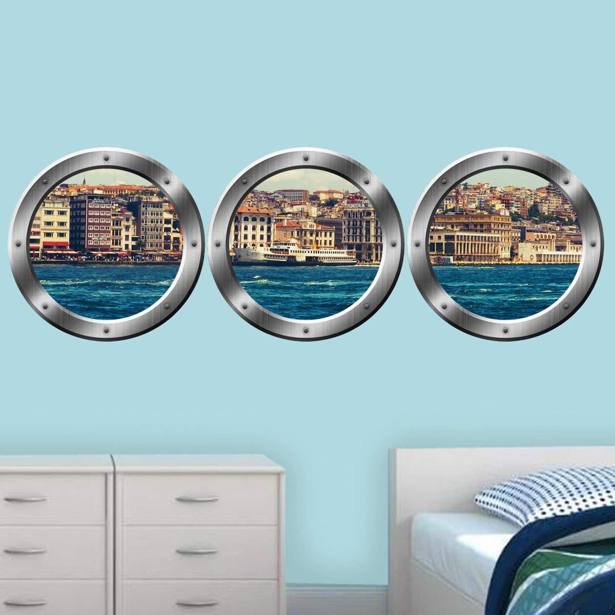 VWAQ City Skyline Wall Murals, Porthole Cityscape Stickers - Peel ...