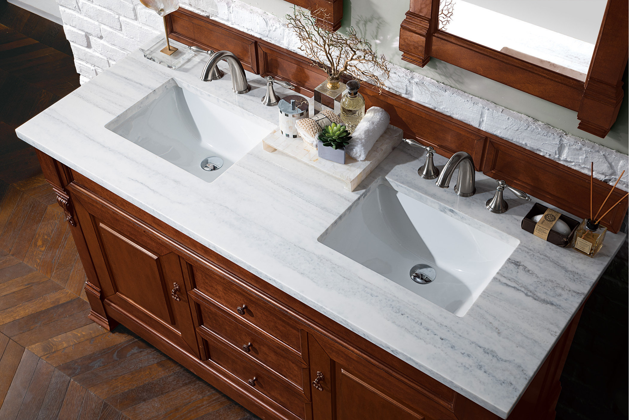 Brookfield 60" Double Vanity, Warm Cherry W/ 3 Cm Arctic Fall Solid ...
