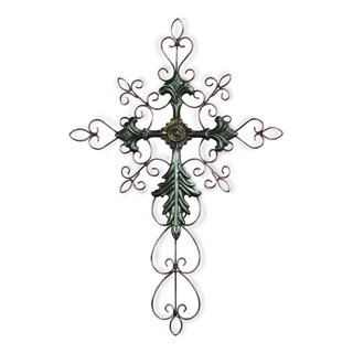 28" Green and Gold Metal Hanging Cross Wall Decor - Mediterranean ...