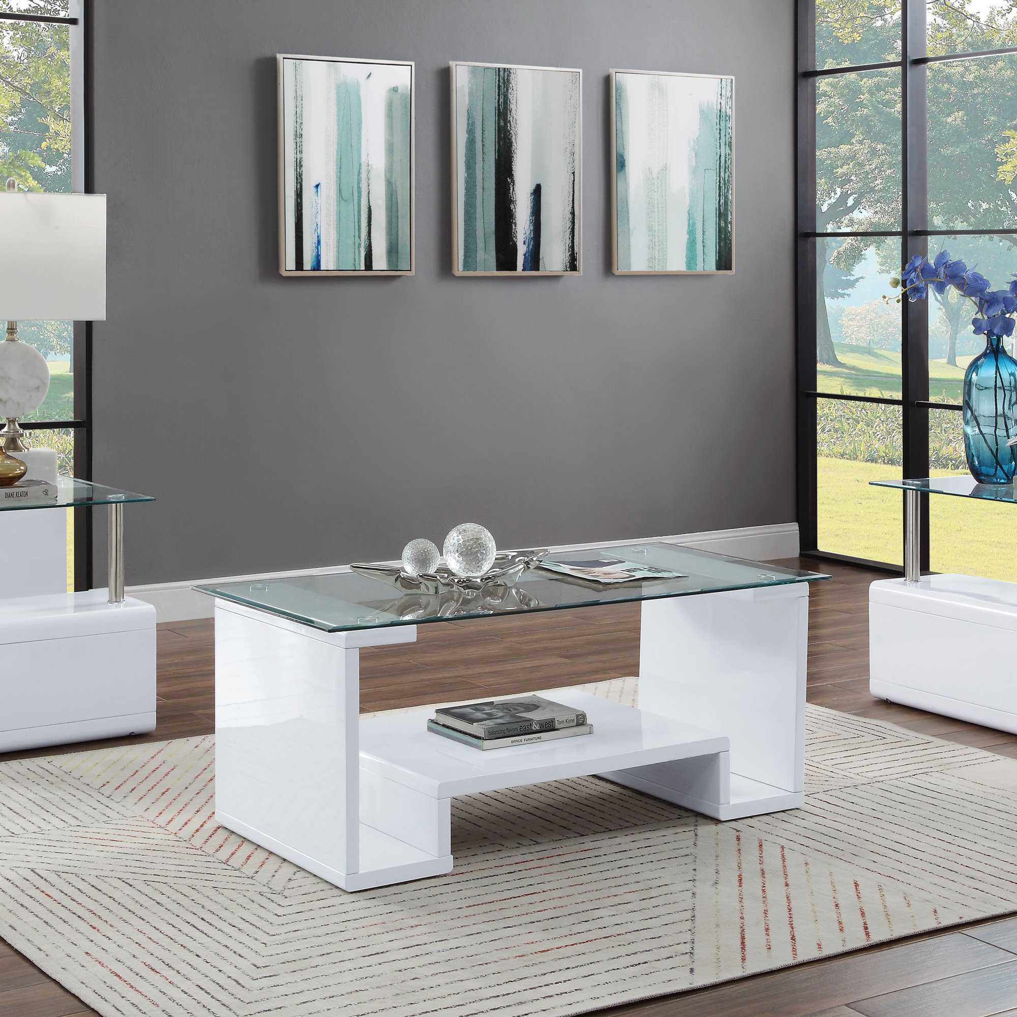 Modern White Rectangular Coffee Table, Glass Top, Geometric Base, and ...