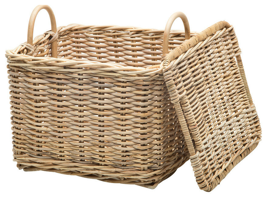 Rattan Core Rectangular Storage Basket with Lid, Natural, Small ...