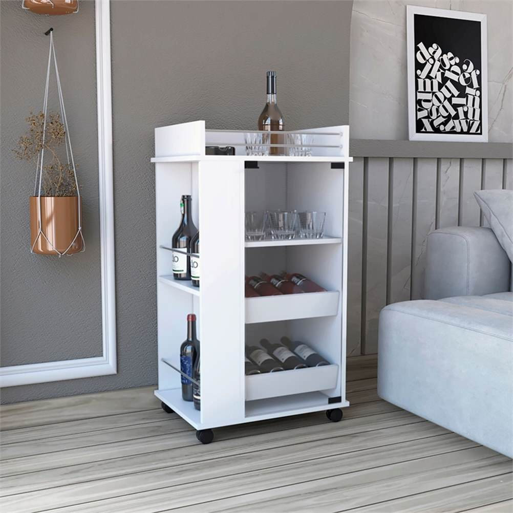 Pemberly Row Engineered Wood Bar Cart with 2-Side Shelves in White ...