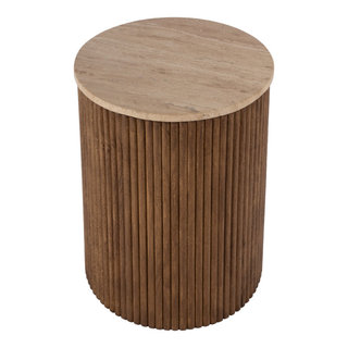 Ruby 15 in. W Round Fluted Travertine and Wood Side Table ...