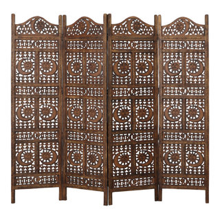 71" 4 Panel Mango Wood Room Divider Hand Carved Sun and Moon Design ...