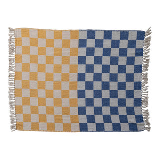 Woven Cotton Blend Throw, Checkered Pattern, Fringe, Yellow, Blue ...
