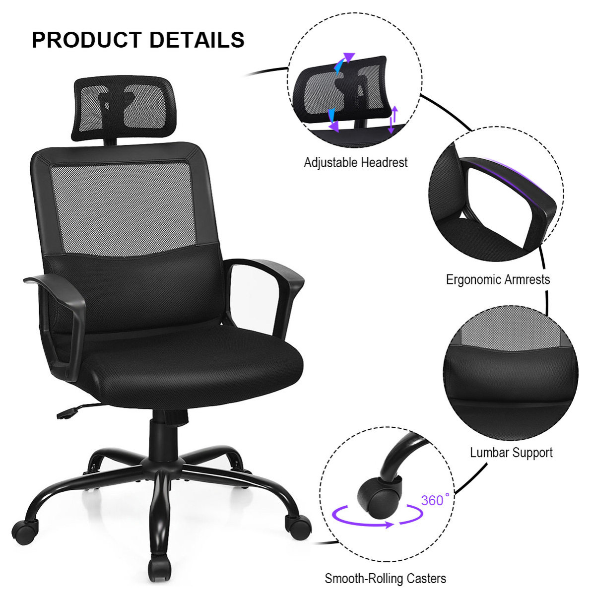 Costway Mesh Office Chair High Back Swivel Chair w/ Lumbar Support ...