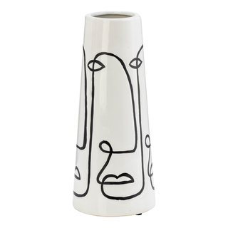 Ceramic 11"H Geo Funny Face Flower Vase, White/Black, 5x5x11 inches ...