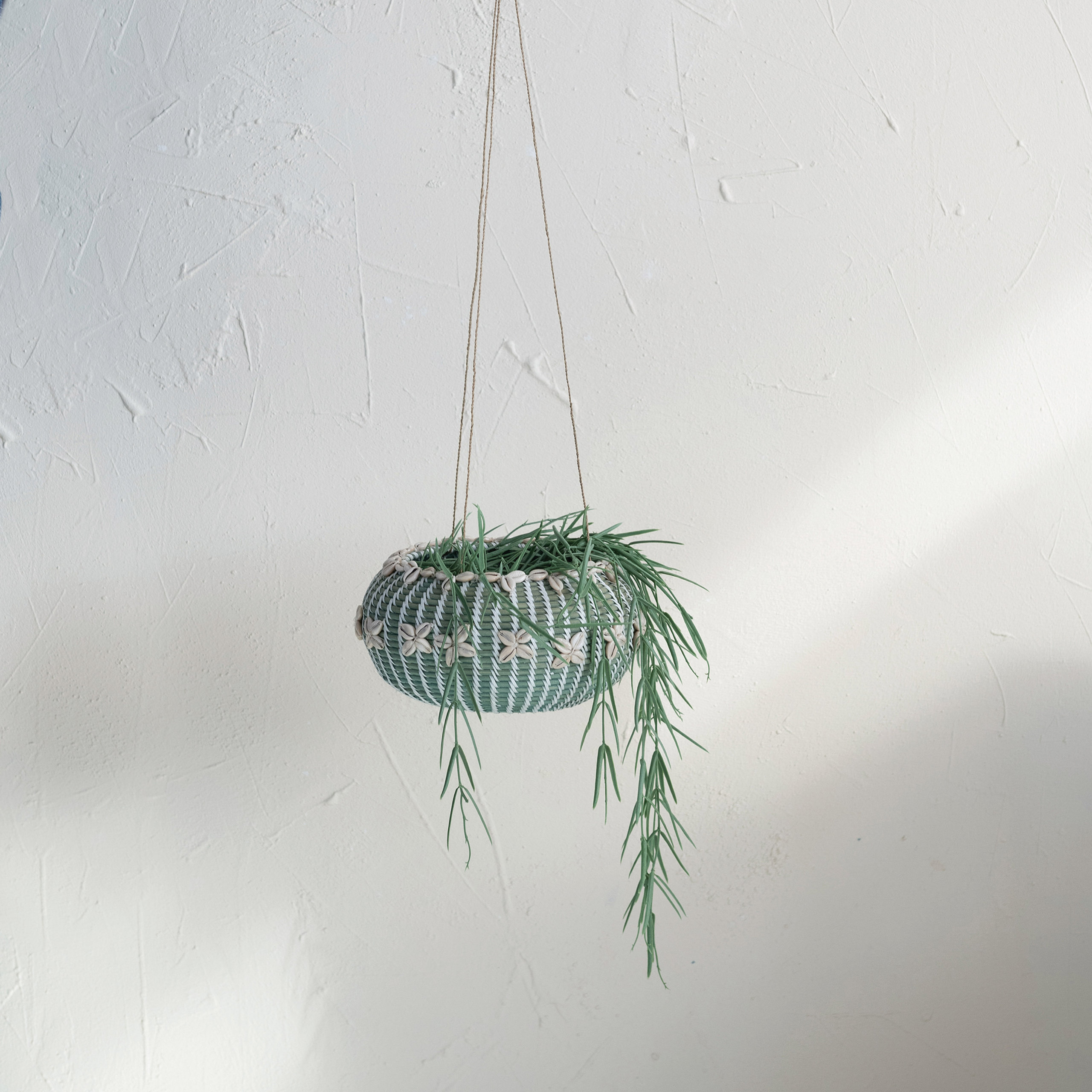 Hanging Handwoven Rattan Planter with Shells and Jute Hanger, Aqua ...
